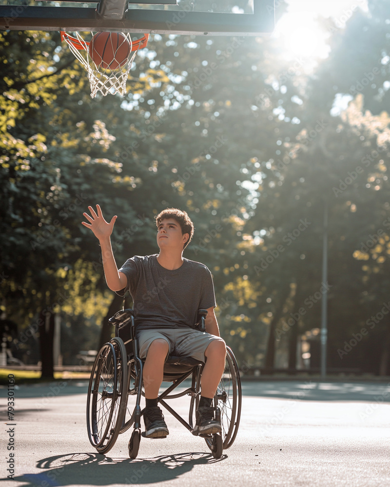 Teenager in wheelchair playing basketball for disabled people ...