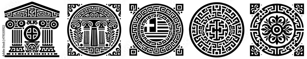 patterns, drawings, iconography, stamps, Greek, black vector silhouette ...