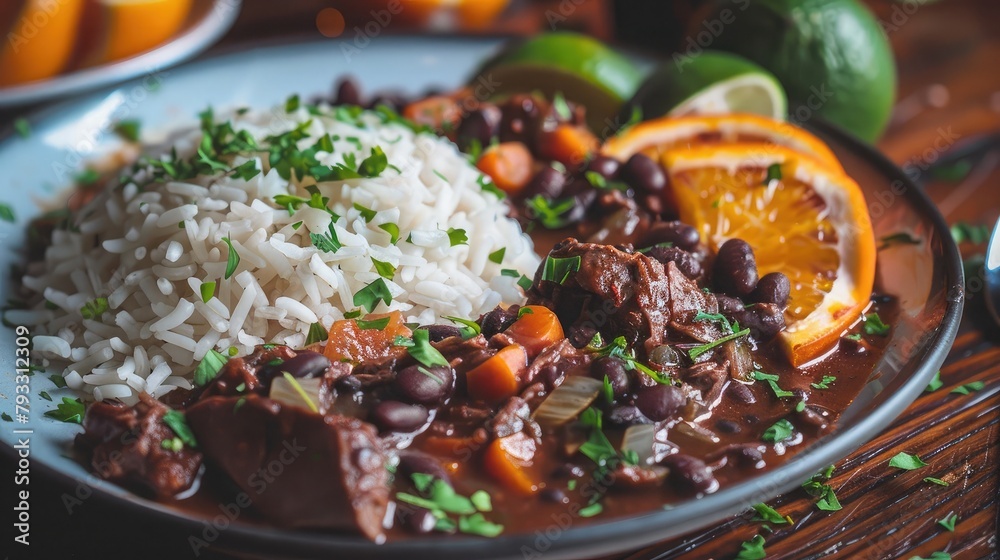 colorful plate of Brazilian feijoada, a hearty stew of black beans ...