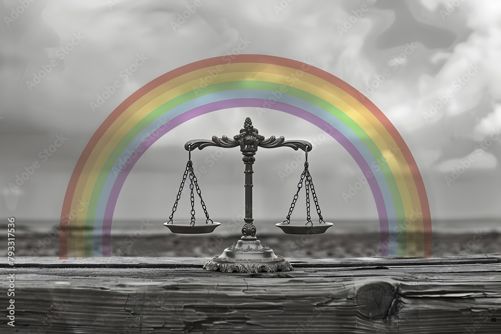 A rainbow is suspended over a scale, symbolizing balance and equality ...