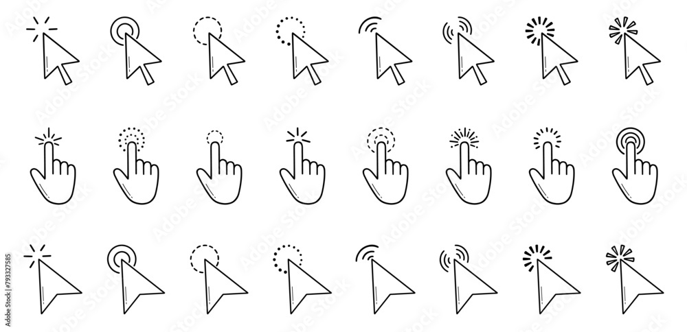 Finger click, computer pointer icon doodle set. Mouse cursor, digital ...