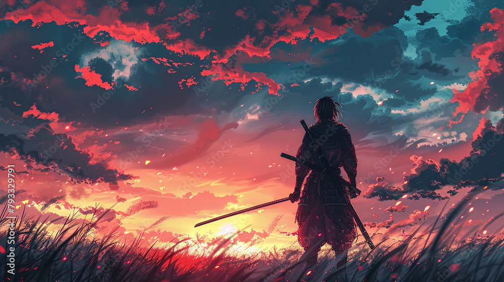 A samurai standing in the grass with his sword raised, watching over ...