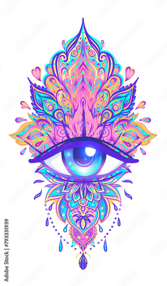 Sacred geometry symbol with all seeing eye over in acid colors. Mystic ...