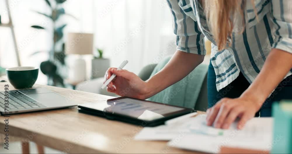 Paperwork, hands and tablet of architect with blueprint, design and pen ...