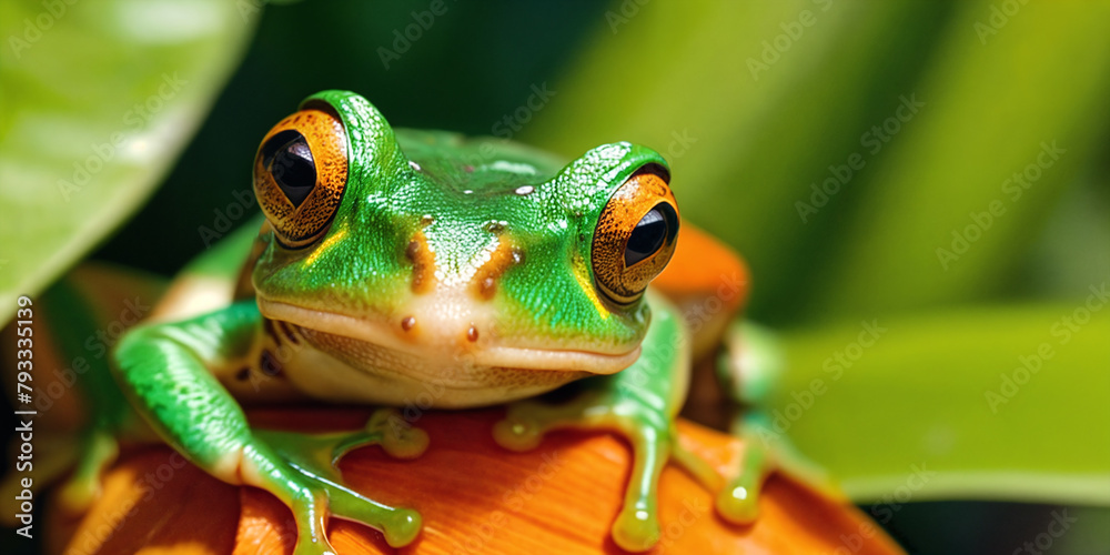 Tropical frog in jungle on a sunny day. Rainforest illustration with ...