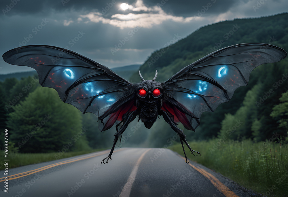 A legendary Moth-like Beast flies over a desolate road in the mountains ...