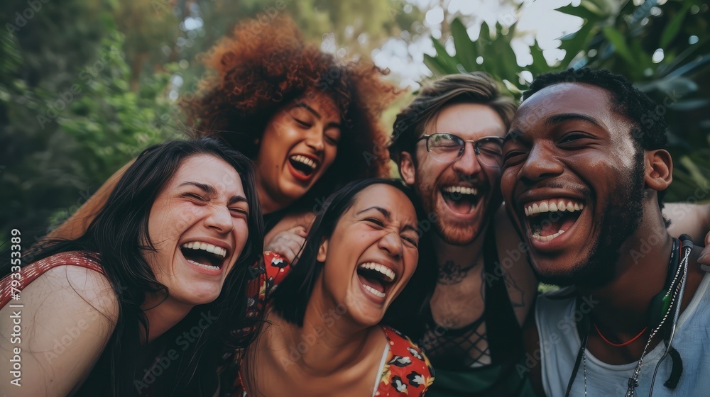 Friends bursting into laughter as they attempt to pose for a silly ...