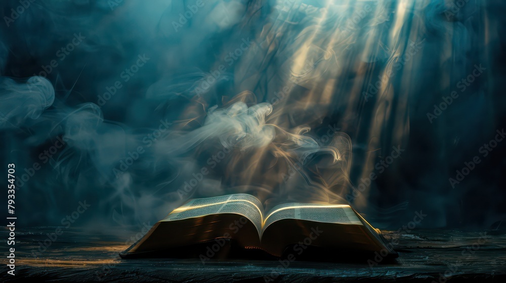 Open bible on a dark background with rays of light and smoke Stock Illustration | Adobe Stock
