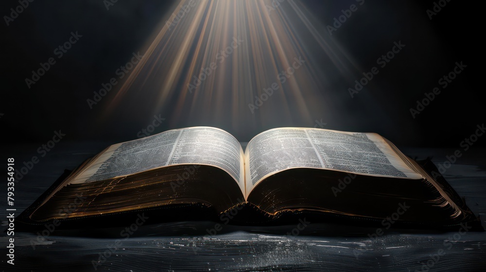 Open bible on a dark background with rays of light and smoke Stock Illustration | Adobe Stock