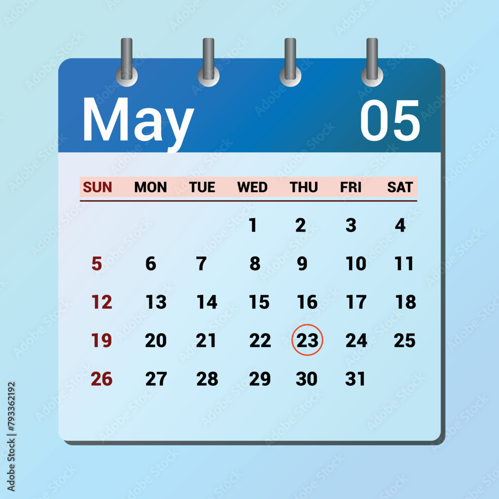 vector page of May month calendar and highlighted date May 23 Stock ...