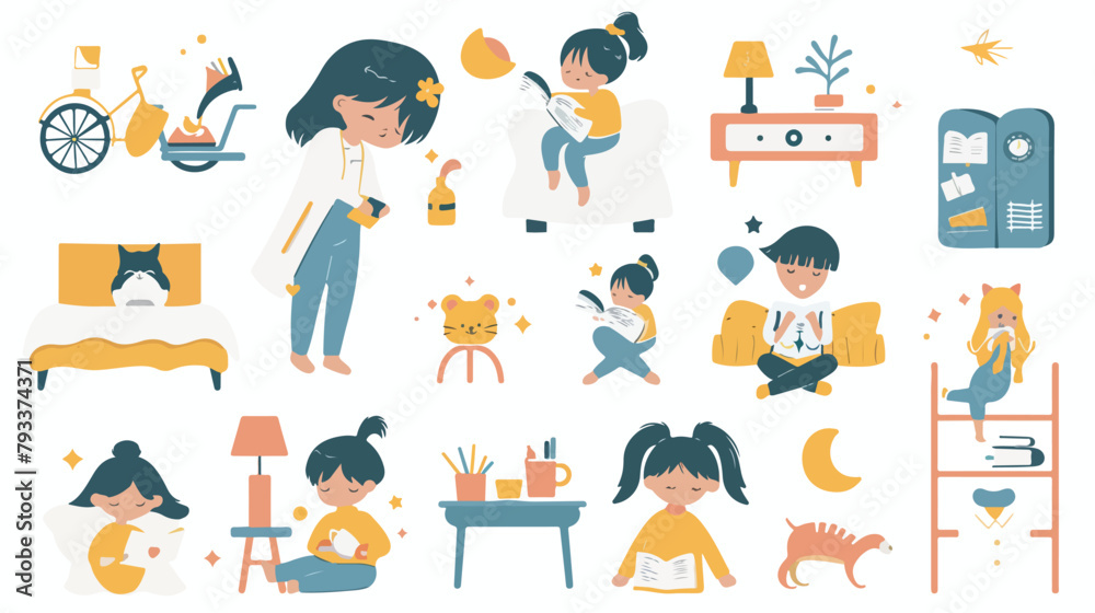 Kid daily routine. School girl life with everyday act Stock Vector ...