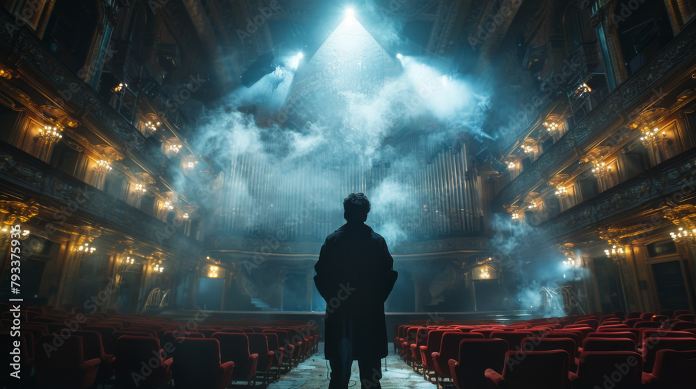 Silhouetted figure standing center in an opulent theater with dramatic ...