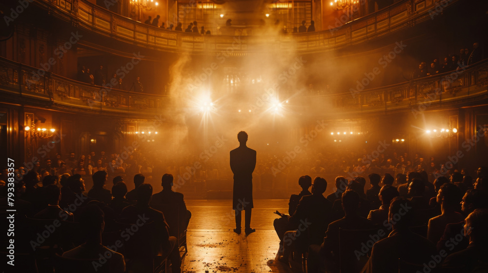 Silhouette of a singer on stage with spotlight, facing an audience in a ...