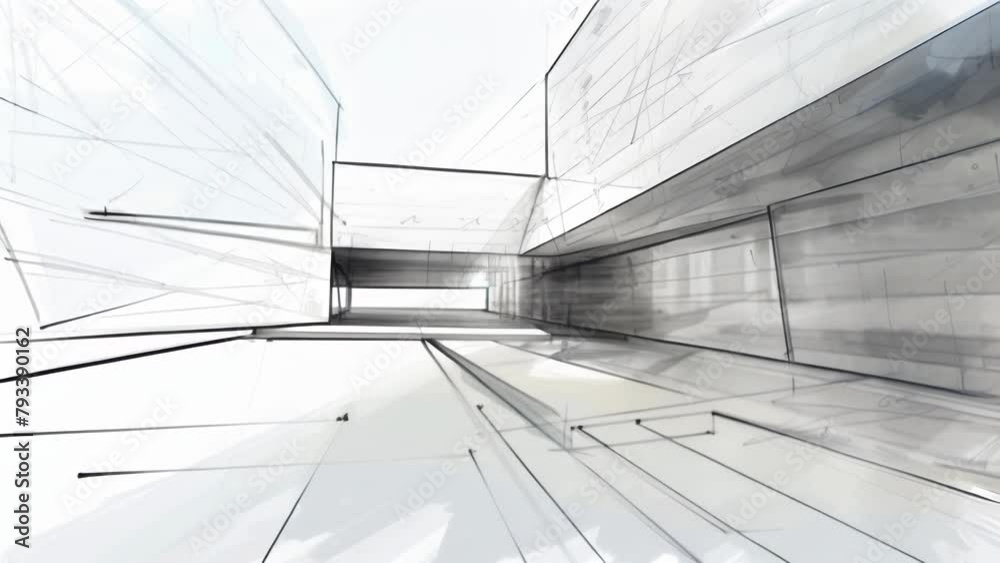 Architectural perspective sketch of a spacious modern building interior ...