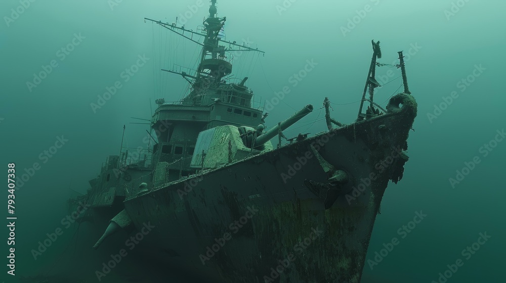 Mysterious sunken warship in deep ocean blues, evoking naval battles and underwater exploration ...