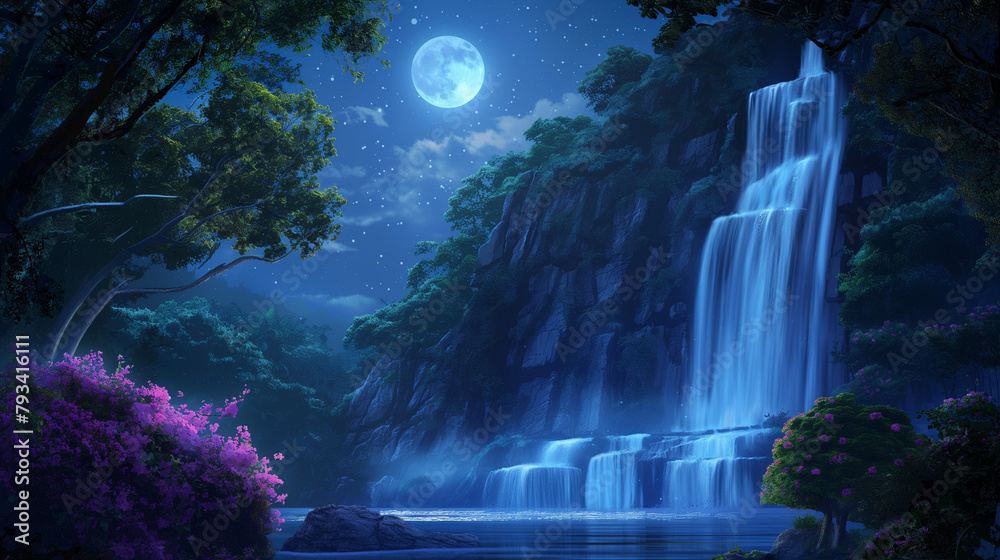 waterfall under moonlight fantasy background. trees with flowers. night ...