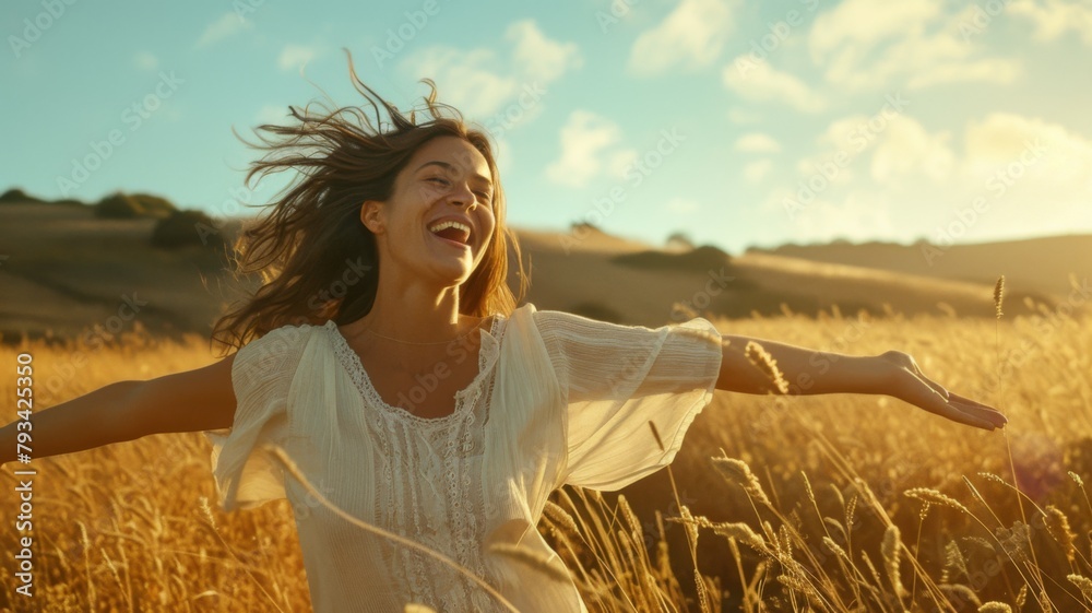 Joyful woman enjoying freedom in golden field - A happy woman with arms ...