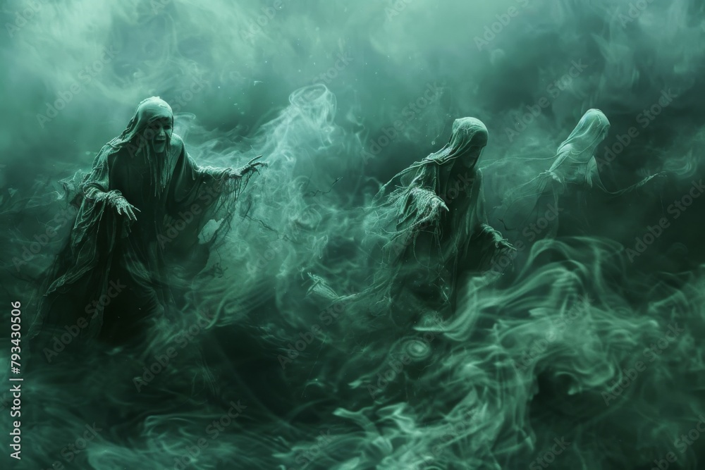 Mystical ghost shrouded in green mist - Ethereal scene with cloaked figures emerging from a ...