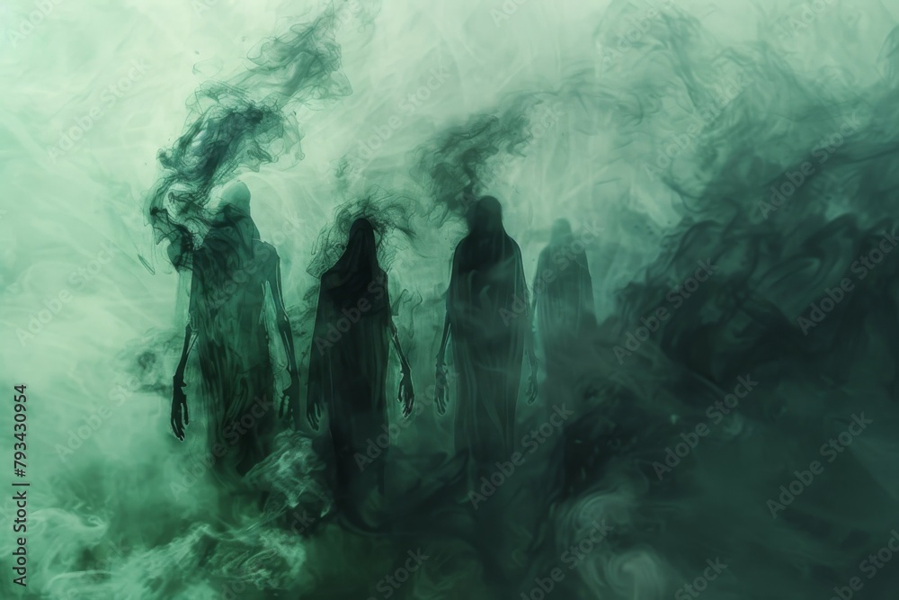 Ethereal figures in green smoky haze - Surreal artwork portraying ghostly figures shrouded in a ...