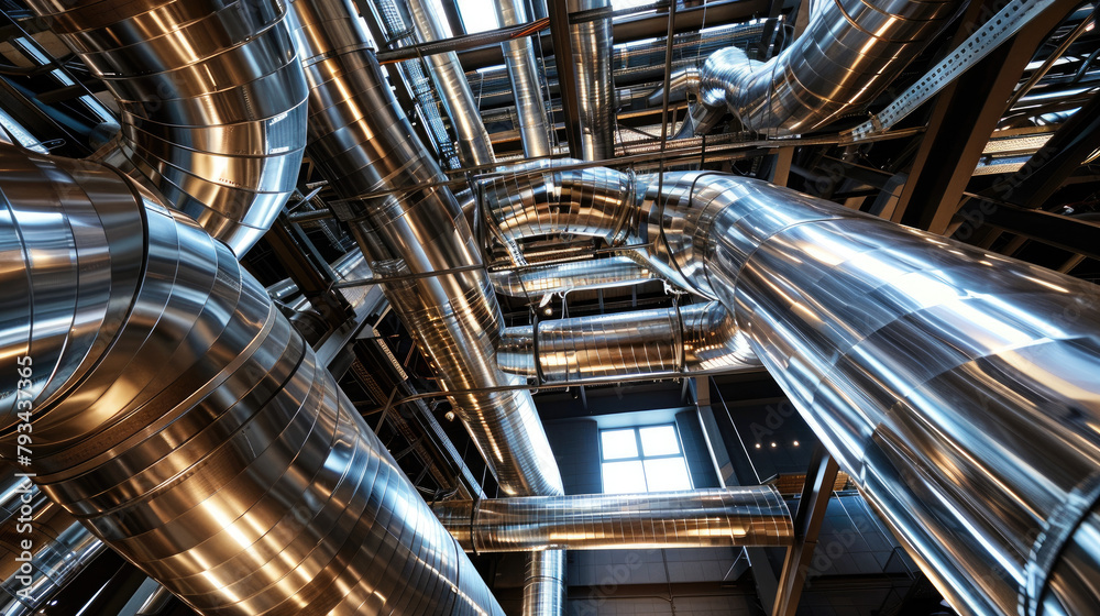 Envision a contemporary industrial setting with a high ceiling where a ...