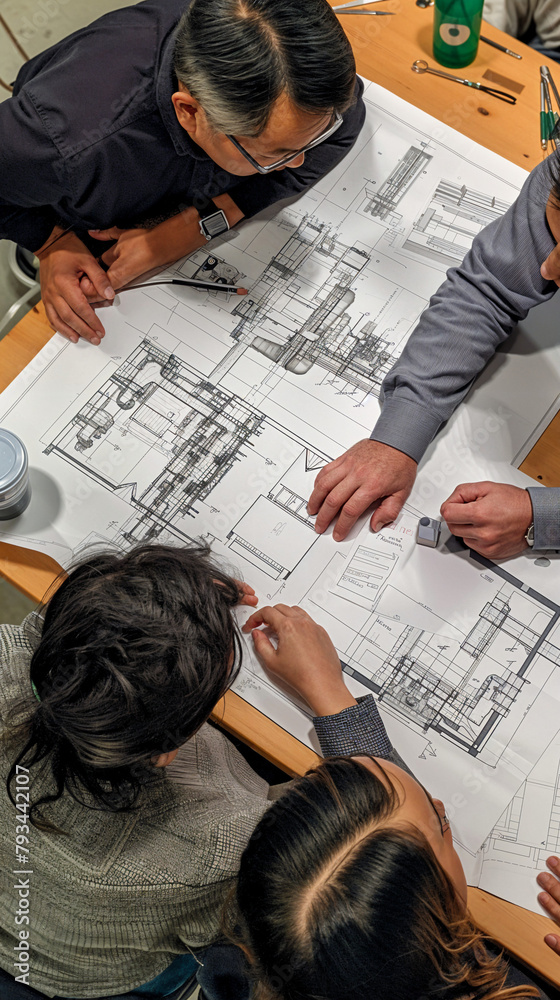 Four people working together in office on a architectural blueprint ...