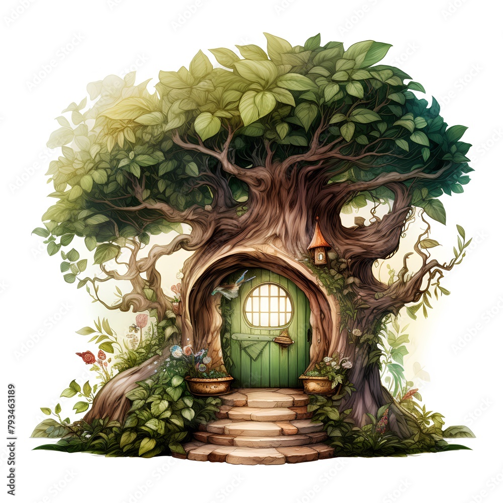Cartoon illustration of old tree house with entrance door and door ...