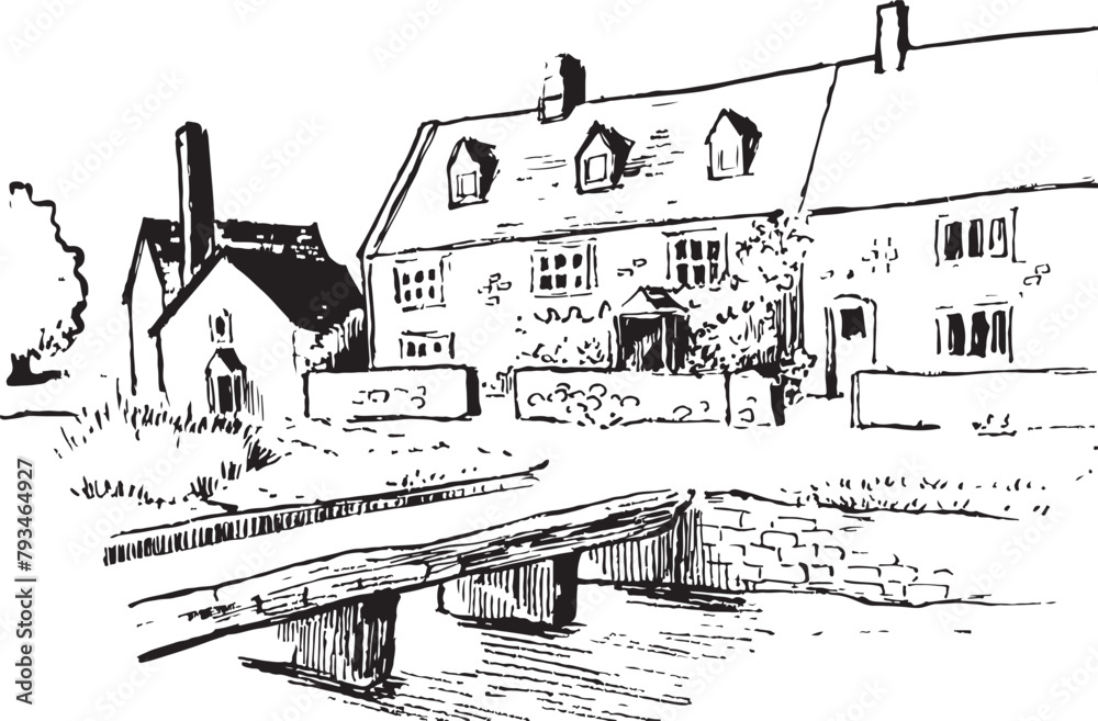 Cotswold Village ink sketch. British countryside vector drawing ...