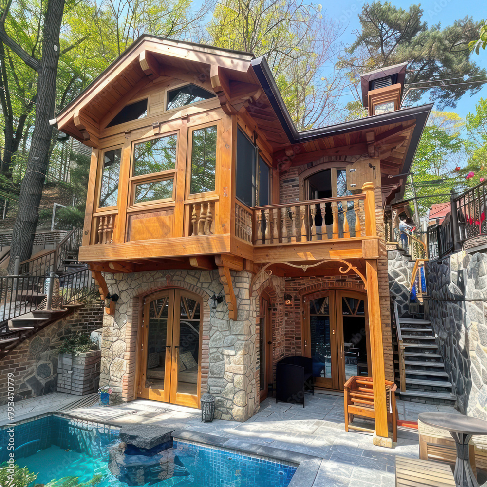 Tiny two floor timber frame house with single front doors and terrace ...