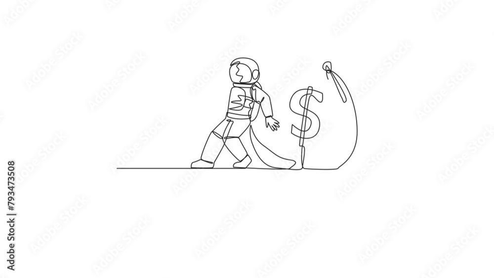 Self drawing animation of continuous one line drawing astronaut pushed ...