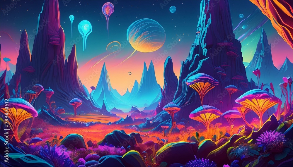 a surreal alien landscape with bizarre rock formations, bioluminescent ...
