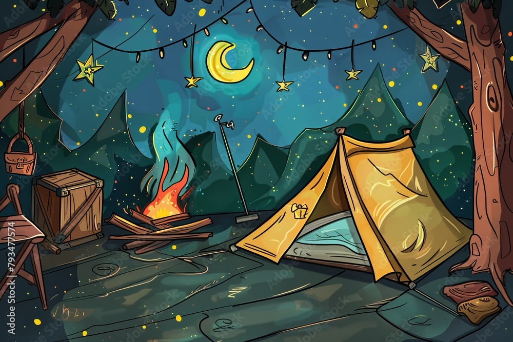 Cartoon cute doodles of a camping adventure room with a tent bed, faux ...