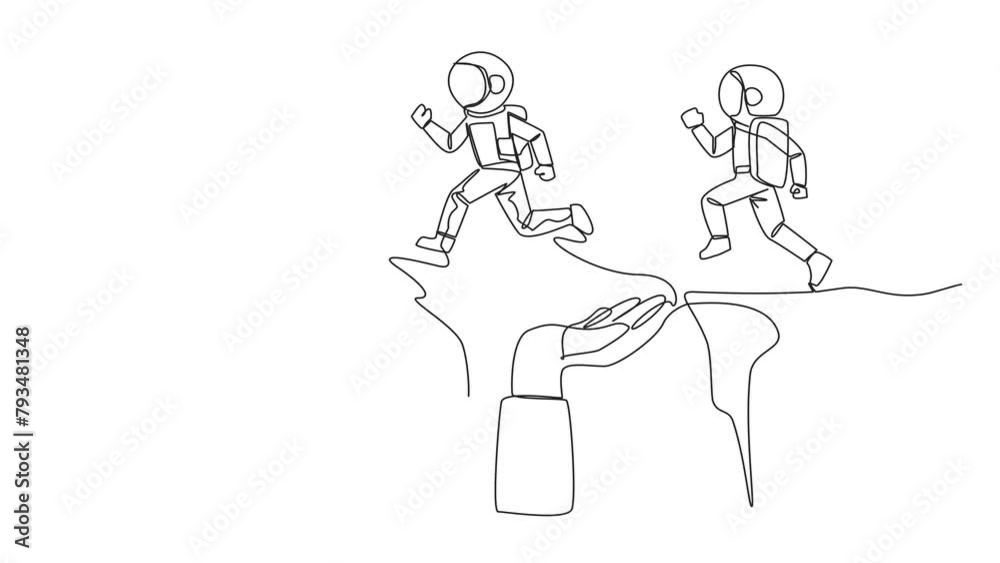 Self drawing animation of continuous one line drawing 3 astronauts ...