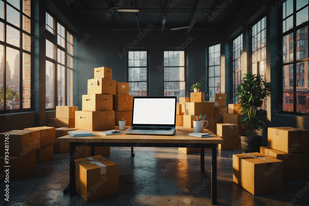 Laptop blank white screen on desk in shipping office building with ...