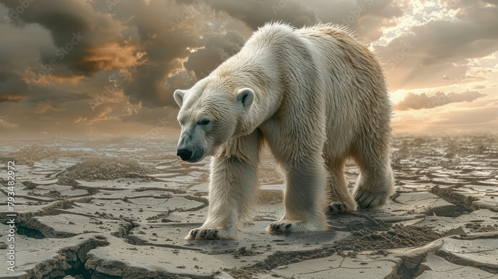 Polar bear stranded on barren land illustrates the devastating effects ...