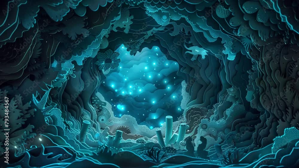 bioluminescent cave paper cut template with eerie. seamless looping ...