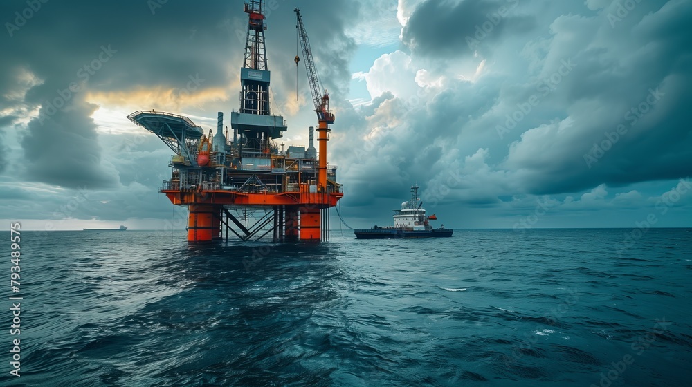 Offshore Oil Rig and Tugboat Under Stormy Skies. Offshore oil rig ...