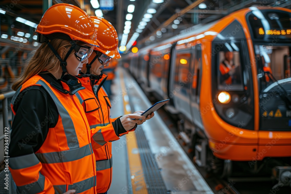 Railway Engineers Inspecting Modern Train. Two railway engineers in ...