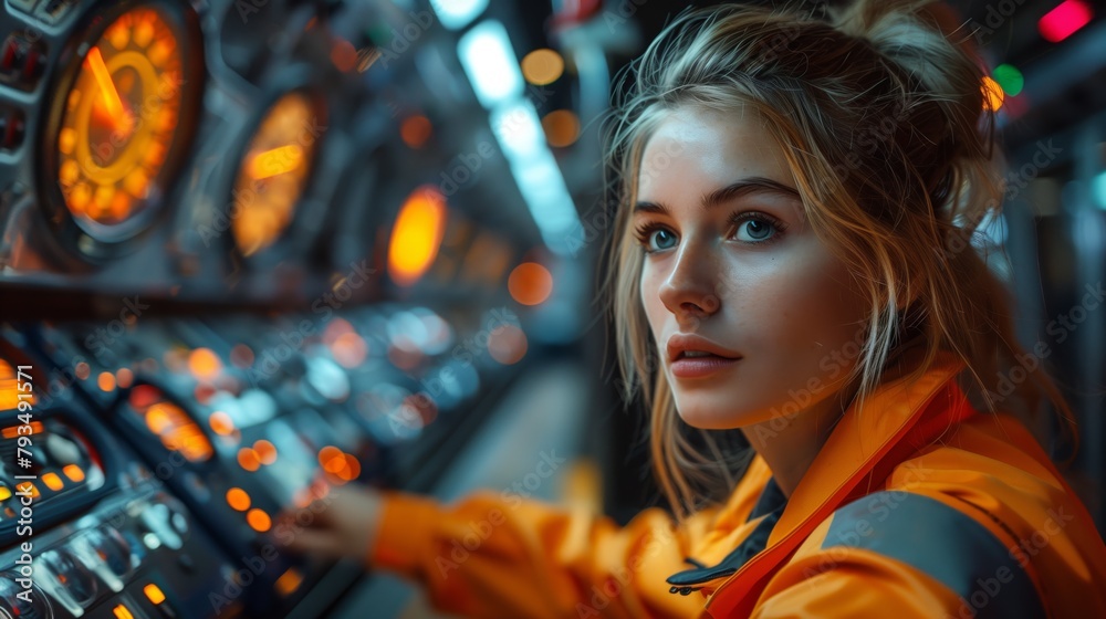 Young Female Train Engineer at Control Panel. Young female train ...