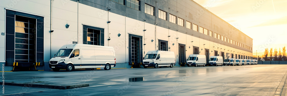 A fleet of delivery vans lines up outside a distribution center, ready ...