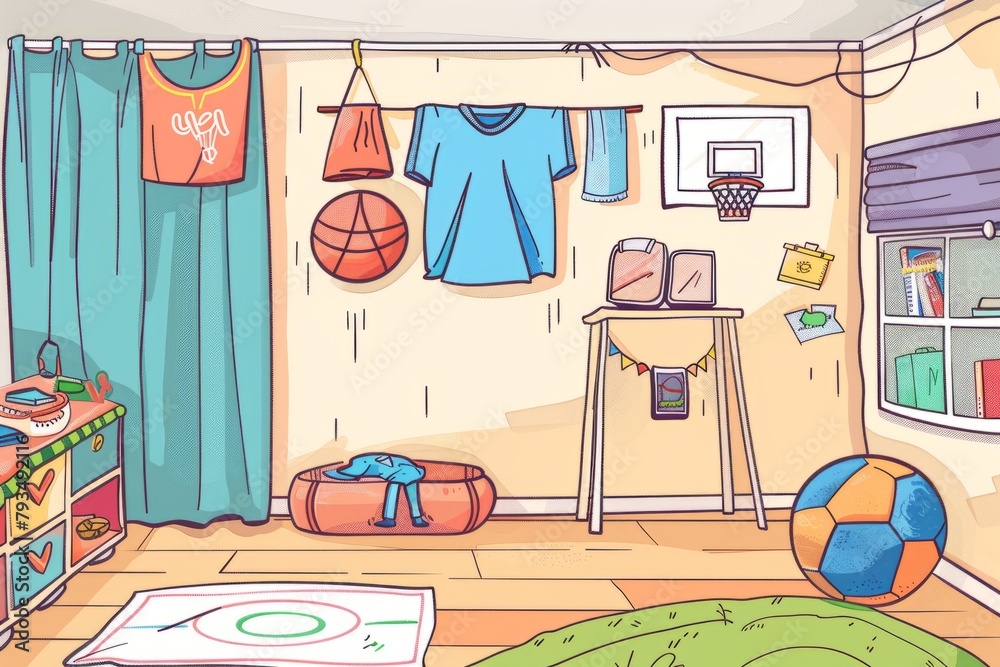 Cartoon cute doodles of a sports-themed room with jerseys on the wall ...