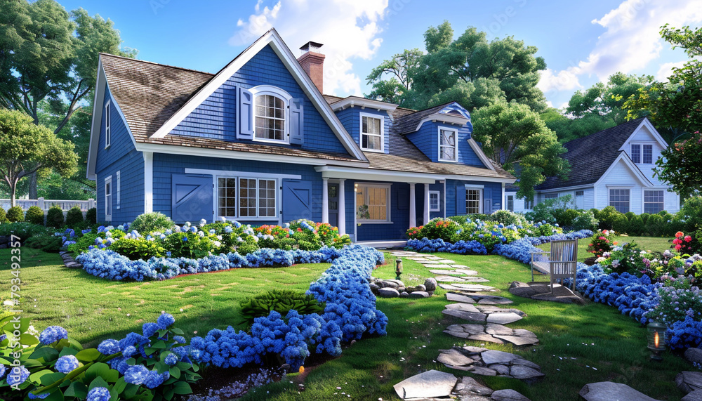 Royal blue Cape Cod style vacation home, with a front yard dotted with ...