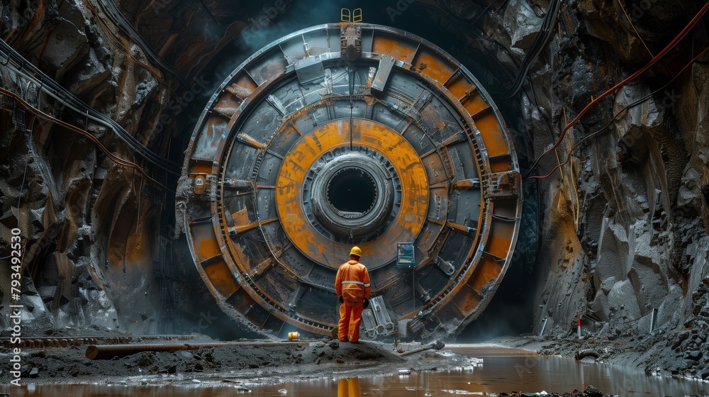 Engineer Overseeing Tunnel Boring Machine Operations. Solitary engineer ...