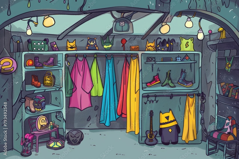 Cartoon cute doodles of a superhero hideout room with capes hanging on ...