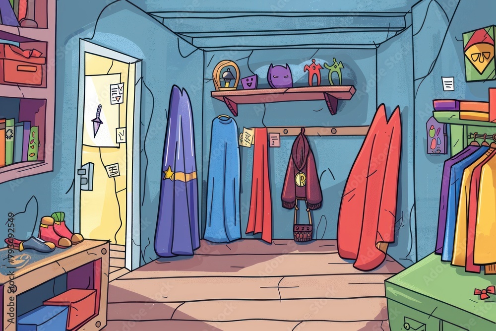 Cartoon cute doodles of a superhero hideout room with capes hanging on ...