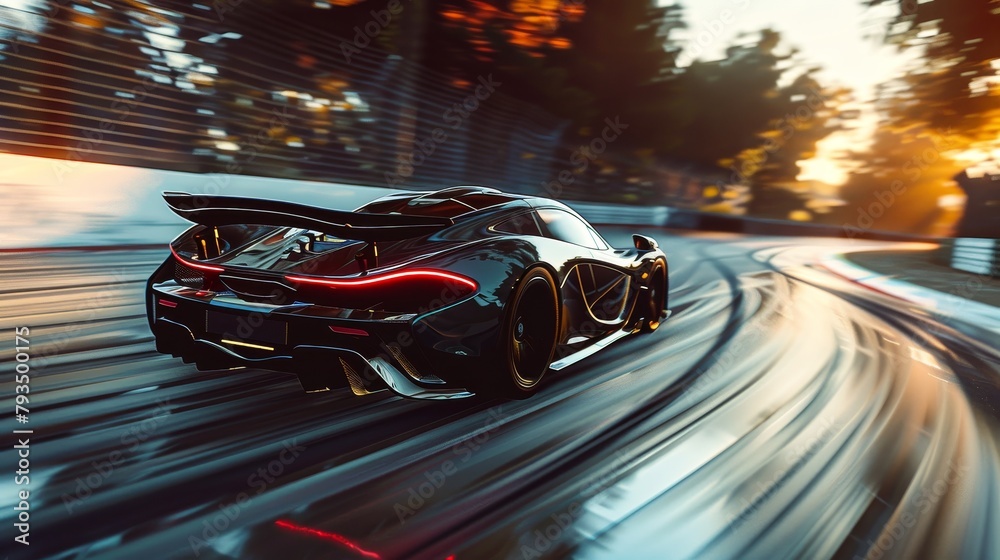 Dynamic angle of a hypercar with sleek aerodynamics, speeding on a VR ...