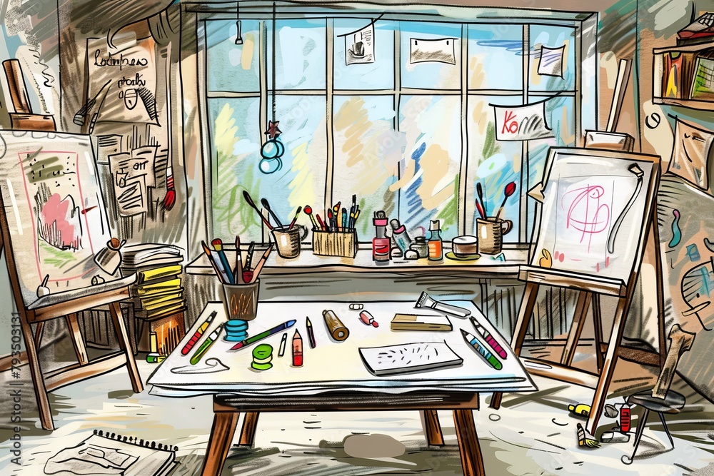 Cartoon cute doodles of an artist's atelier, messy yet filled with ...