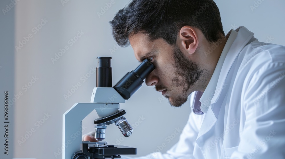 A biotech researcher in lab attire, examining samples under a ...