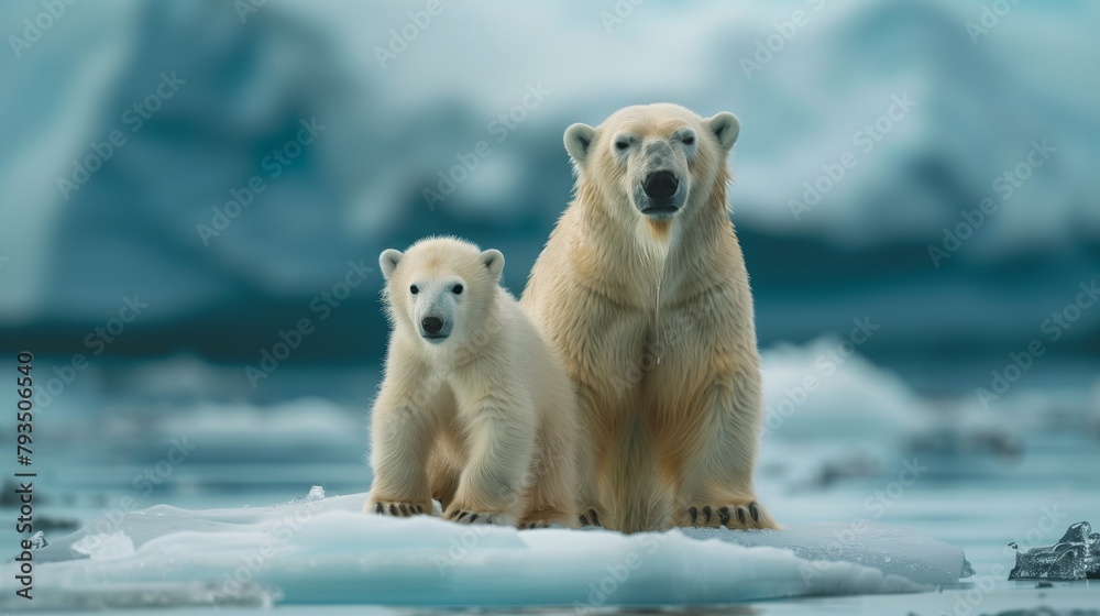 Polar Bear and Cub on Melting Iceberg. Polar bear with its cub stands ...