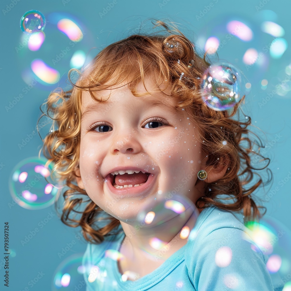 A child with a toothy grin, playing with bubbles, eyes bright and ...