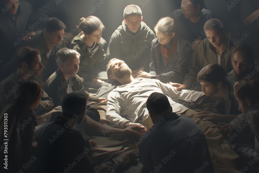 Death, funeral and family touching coffin in a church, sad and unhappy ...